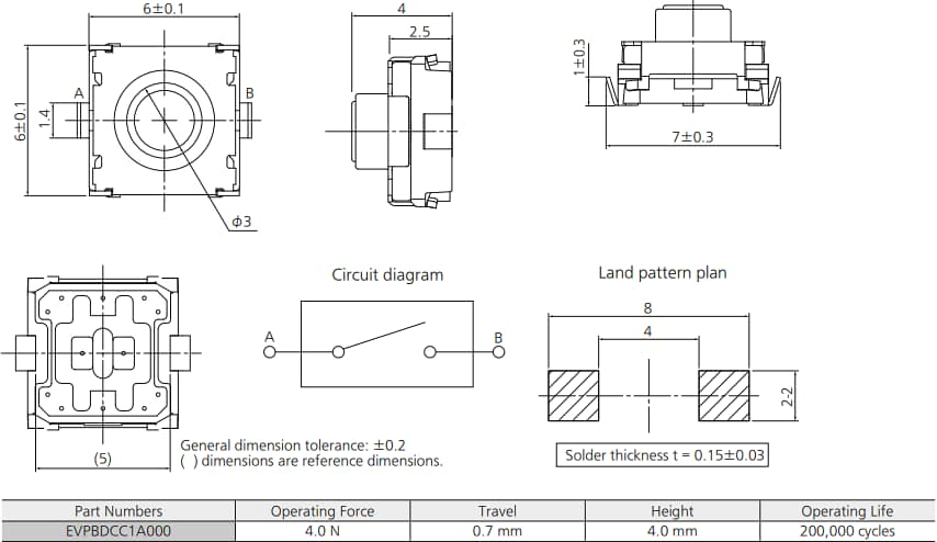 EVP-BD 6mm 4N Square Tactile Switch - Panasonic | Mouser